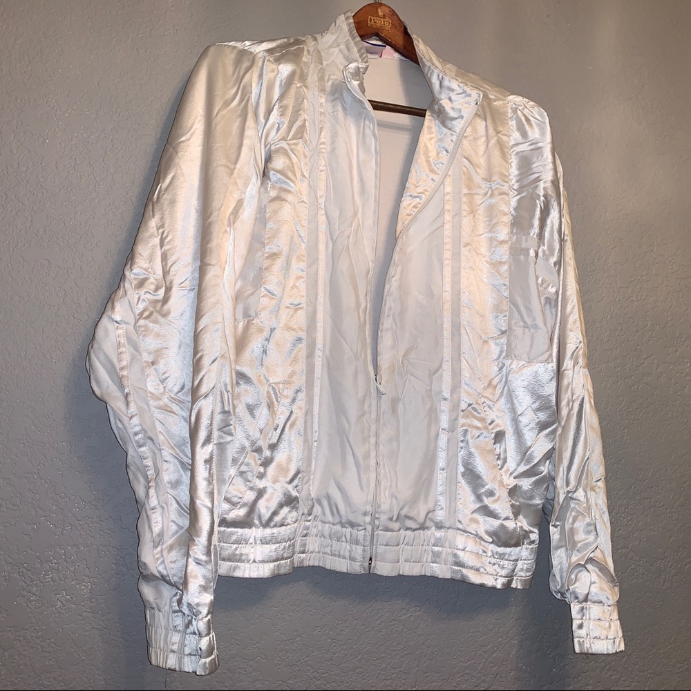 Unisex Vintage White Satin Track Jacket Large. - Gem